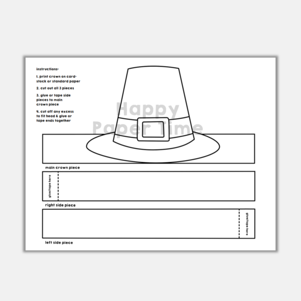 Pilgrim Hat Paper Crown Printable Coloring Thanksgiving Craft Activity ...