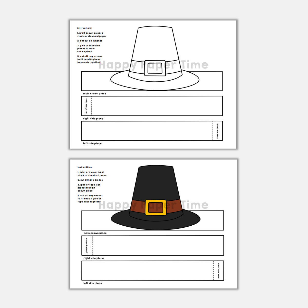 Pilgrim Hats Paper Crowns Printable Coloring Thanksgiving Craft ...