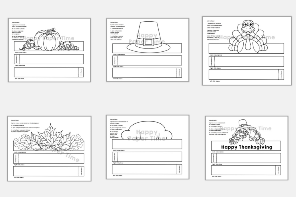 Thanksgiving Hats Crowns Printable Paper Coloring Fall Autumn Craft ...