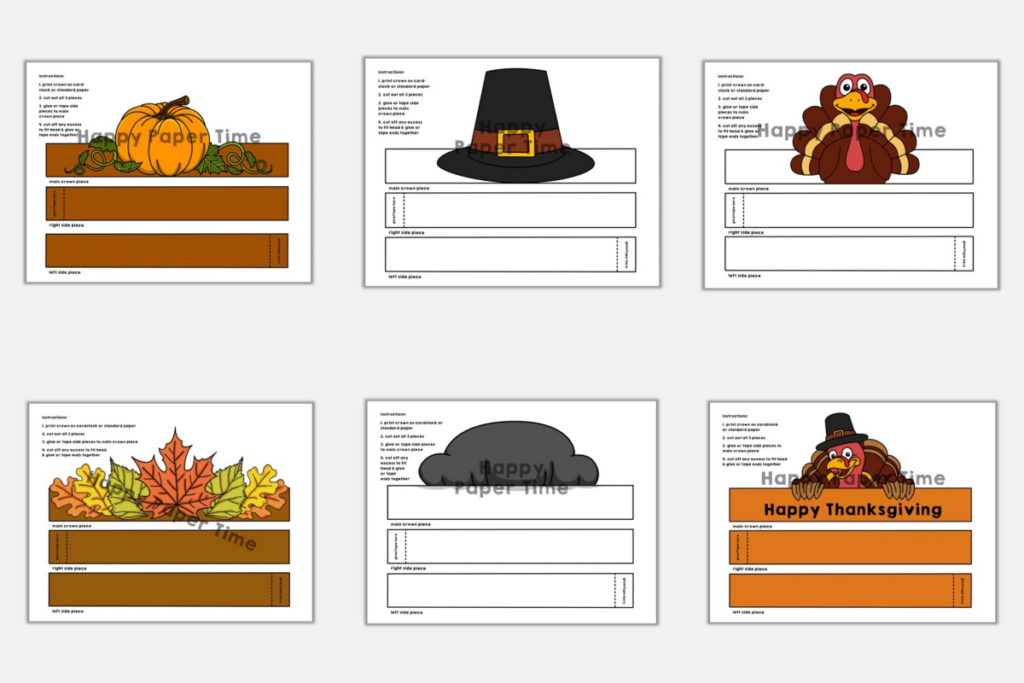 Thanksgiving Hats Crowns Printable Paper Coloring Fall Autumn Craft ...