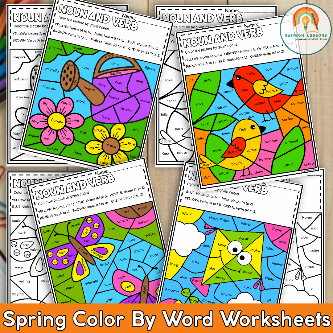 Spring Color By Code | Spring Coloring Pages | Noun and Verb Sort ...