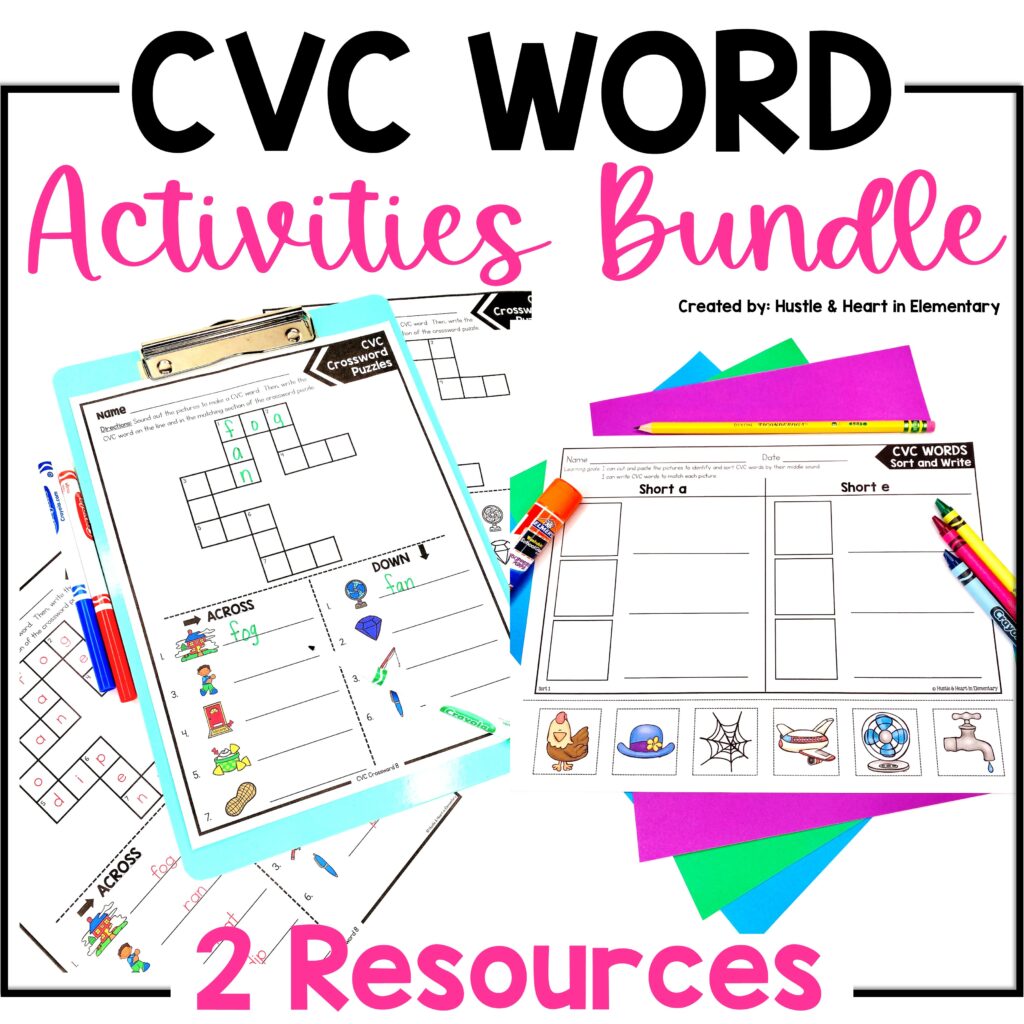 CVC Words Worksheets BUNDLE | Cut Paste and Crosswords - Made By Teachers