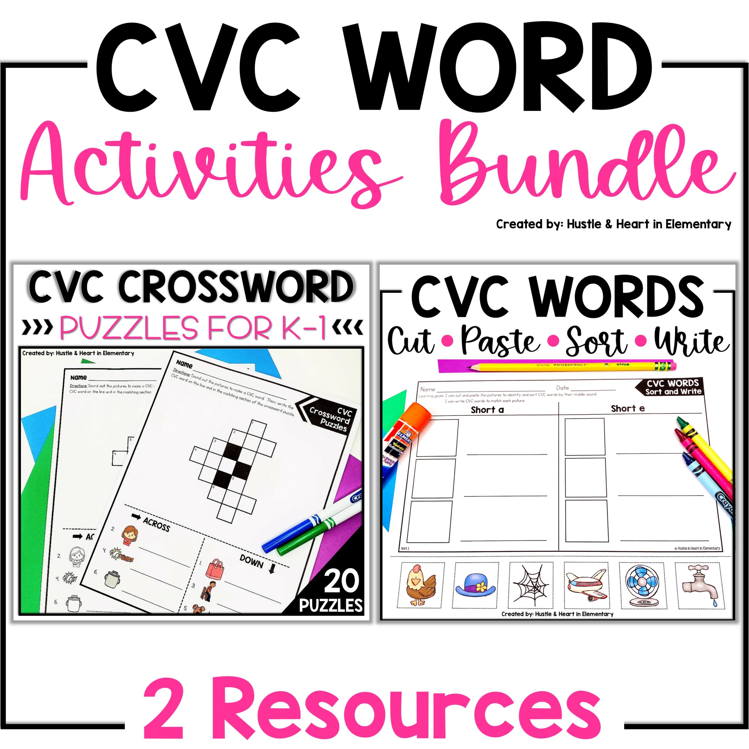 CVC Words Worksheets BUNDLE | Cut Paste and Crosswords | Made By Teachers