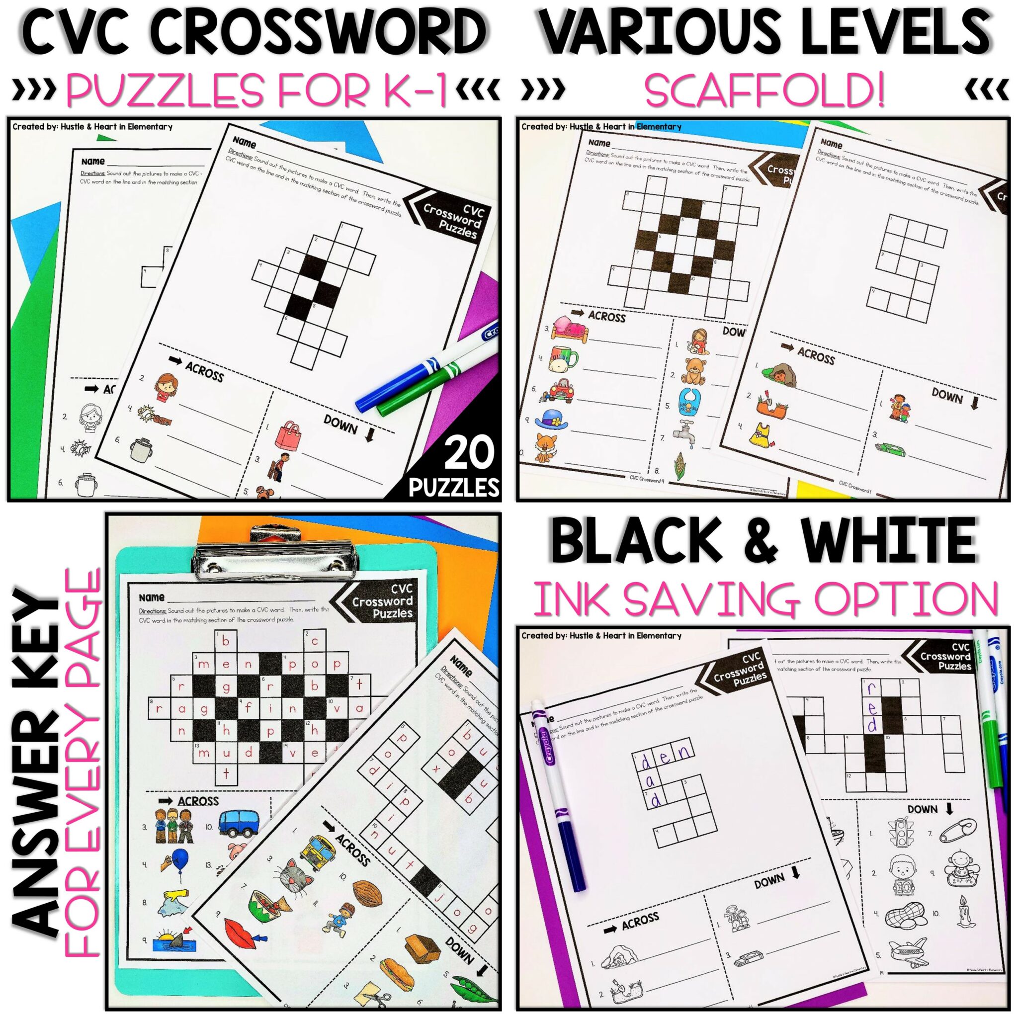 CVC Words Worksheets BUNDLE | Cut Paste and Crosswords - Made By Teachers