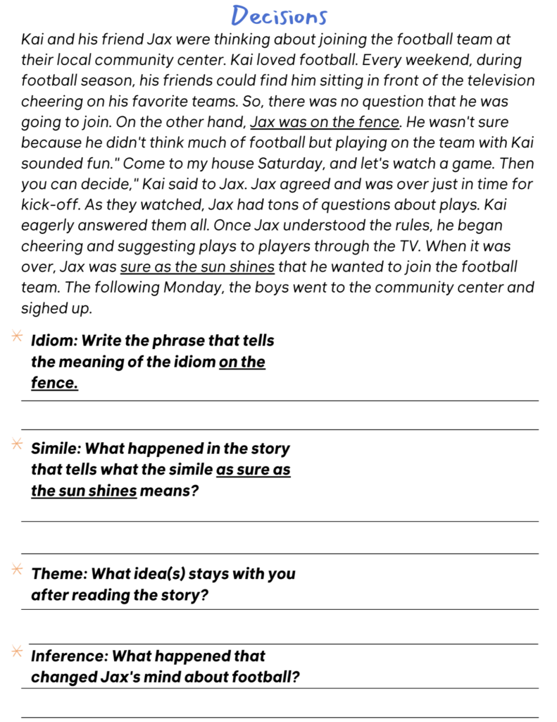 Reading Comprehension Passages Idioms, Similes, Theme, Inference ...