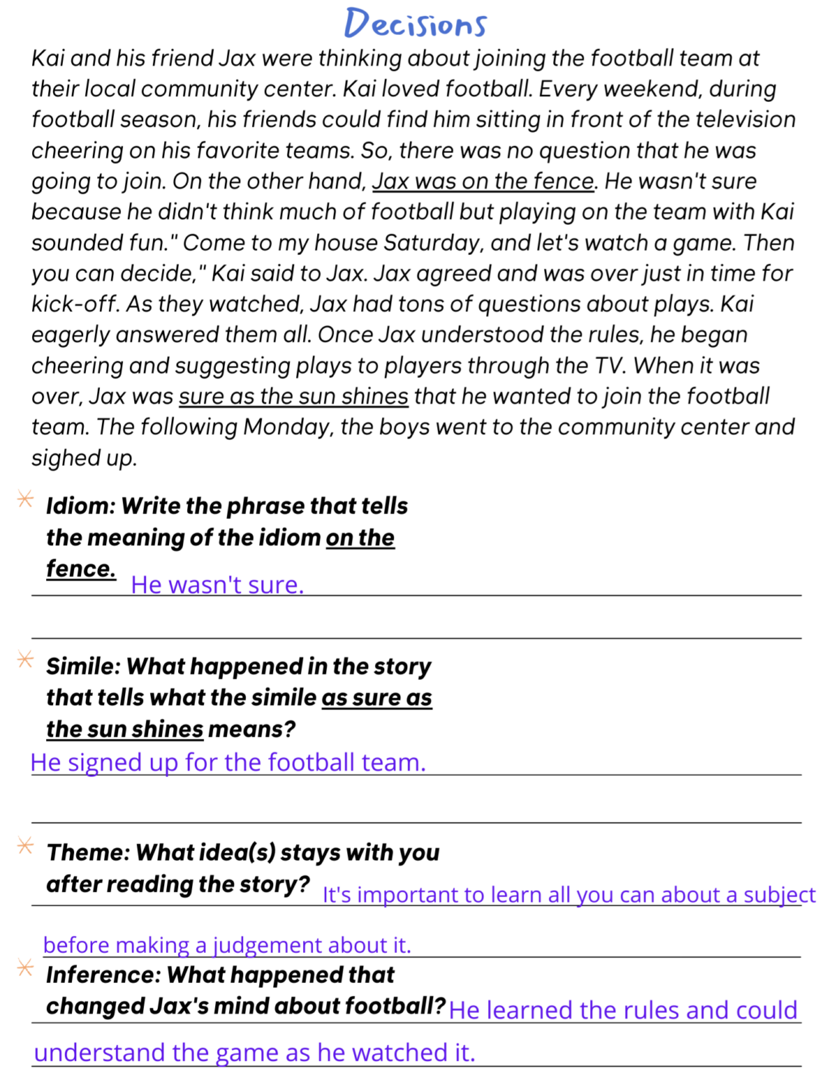 Reading Comprehension Passages Idioms, Similes, Theme, Inference ...