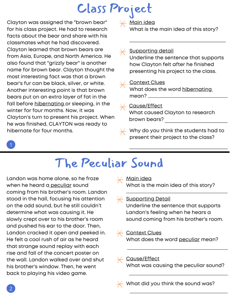 Reading Passages Main Idea, Context Clues, Cause and Effect Worksheets ...