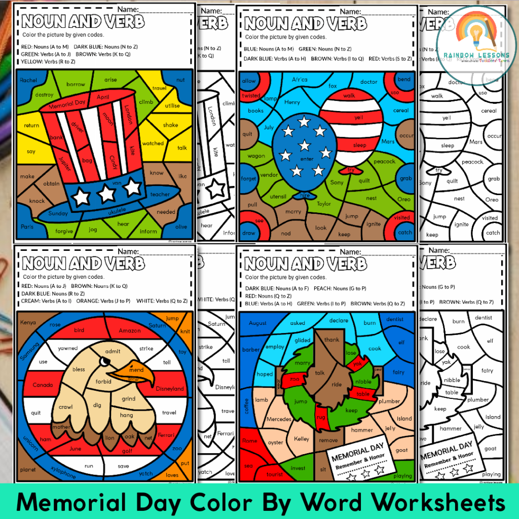 Memorial Day Color By Code | Memorial Day Coloring Pages | Nouns and ...