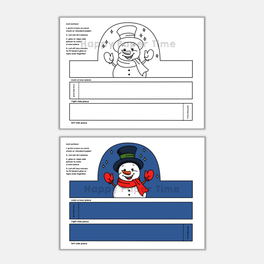 Snowman Paper Crowns Printable Coloring Craft Winter Christmas Activity ...