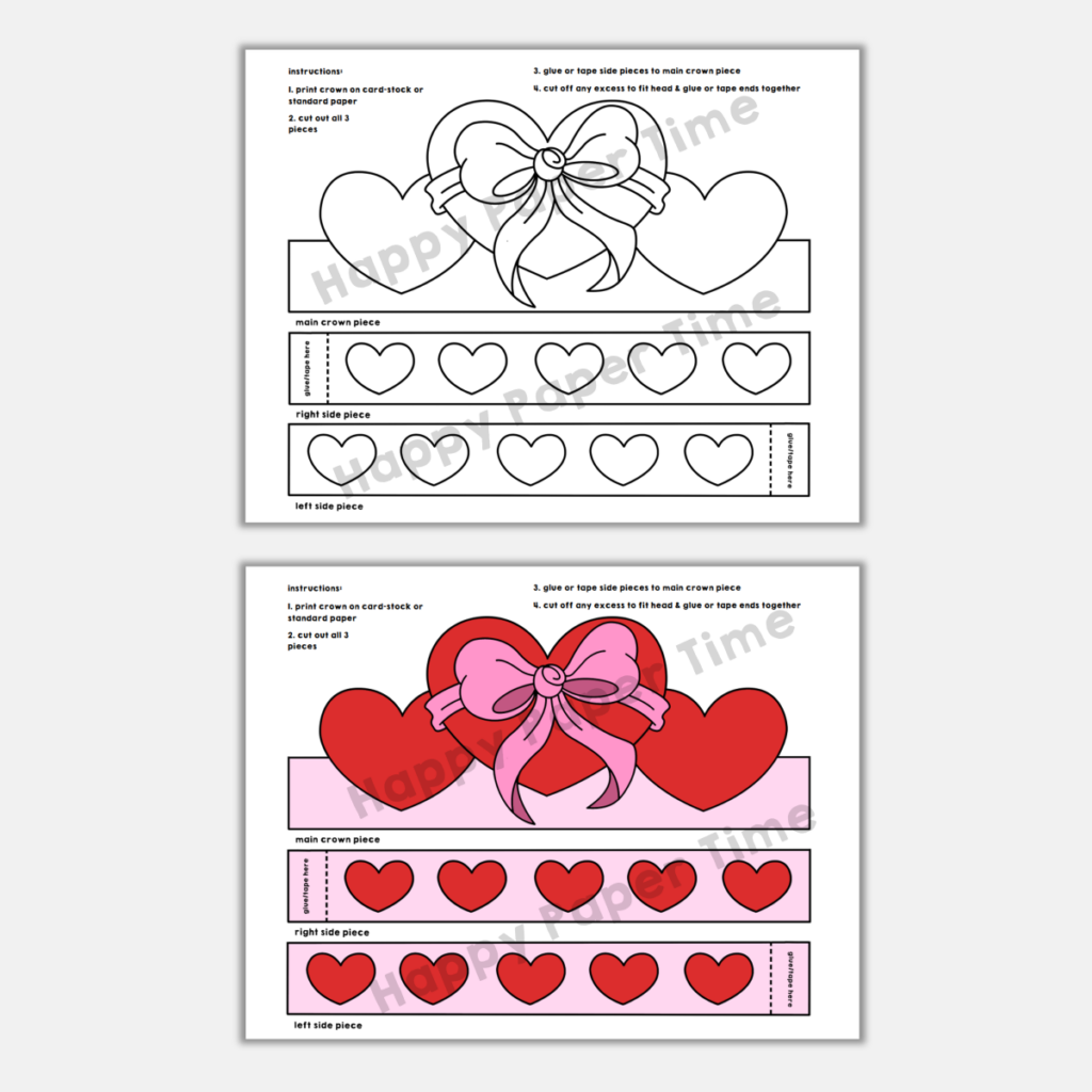 Hearts Valentine Paper Crowns Printable Coloring Craft Activity | Made ...