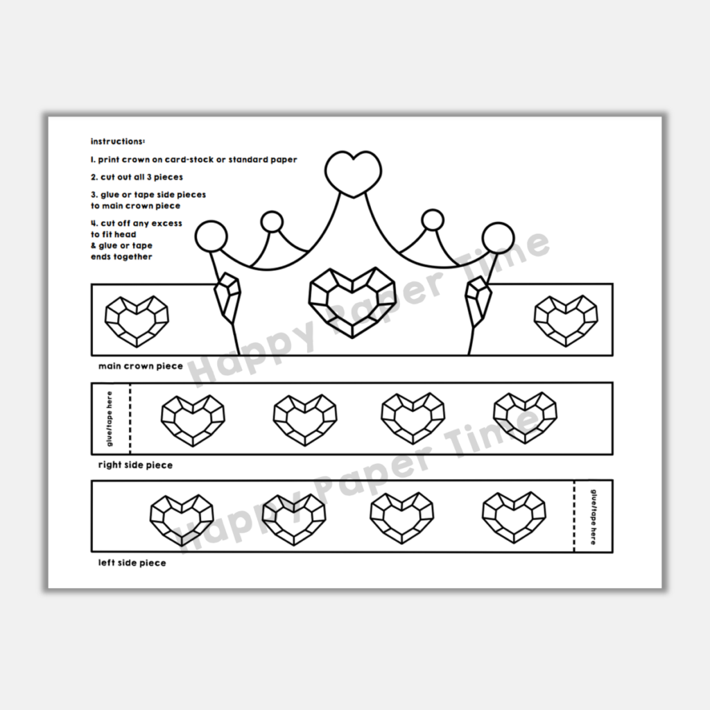 Heart Princess Paper Crown Printable Coloring Valentine Craft Activity ...