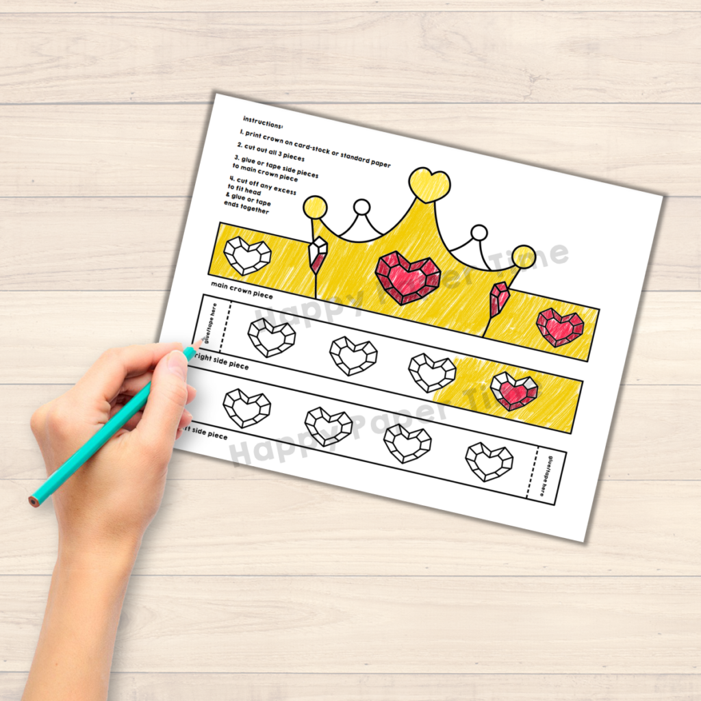 Heart Princess Paper Crown Printable Coloring Valentine Craft Activity ...