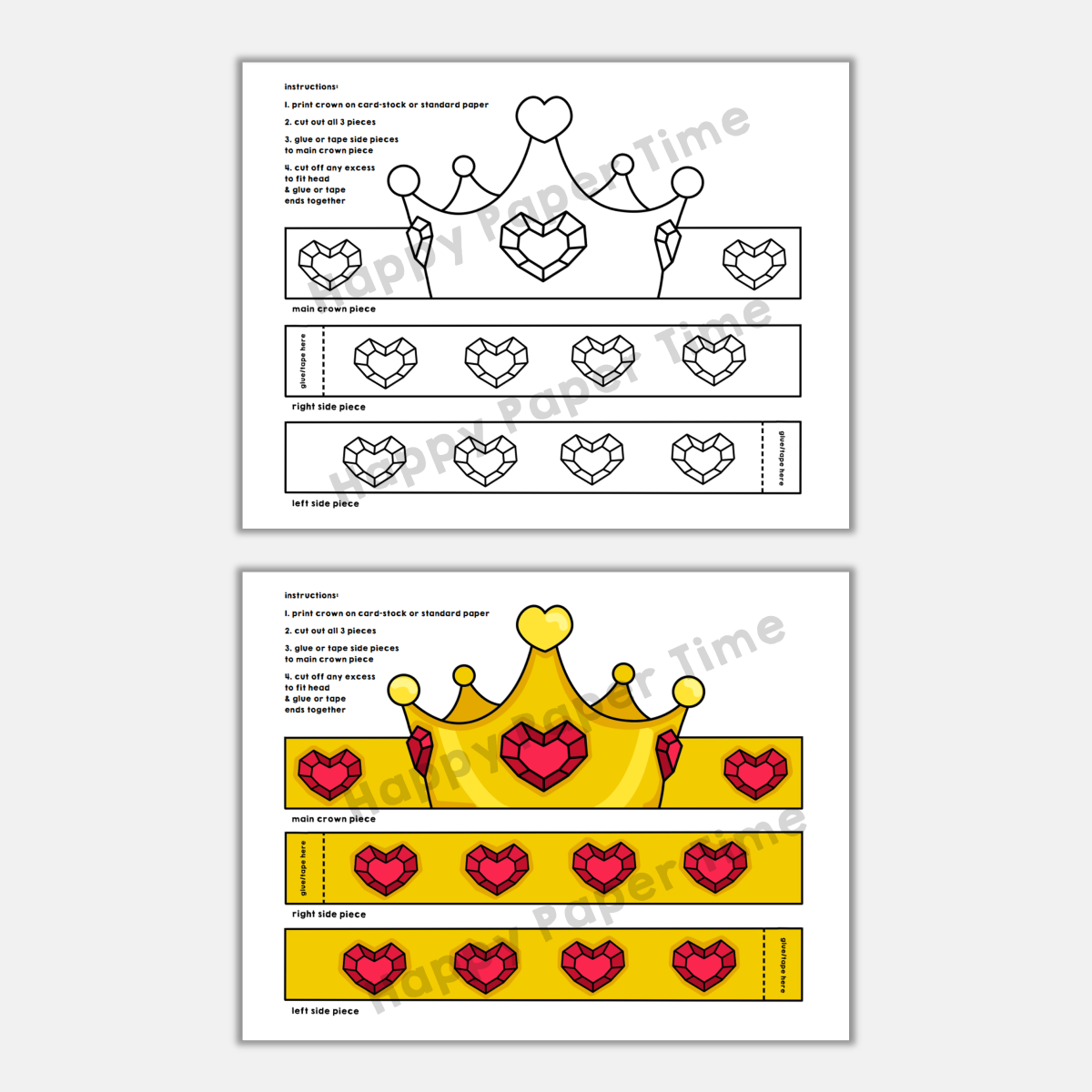 Heart Princess Paper Crowns Printable Coloring Valentine Craft Activity ...