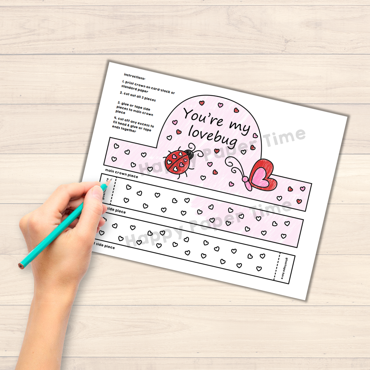 Lovebug Paper Crown Printable Coloring Valentine Craft Activity - Made ...