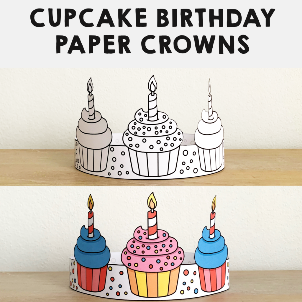Birthday Cupcakes Paper Crowns Printable Coloring Craft Activity - Made ...