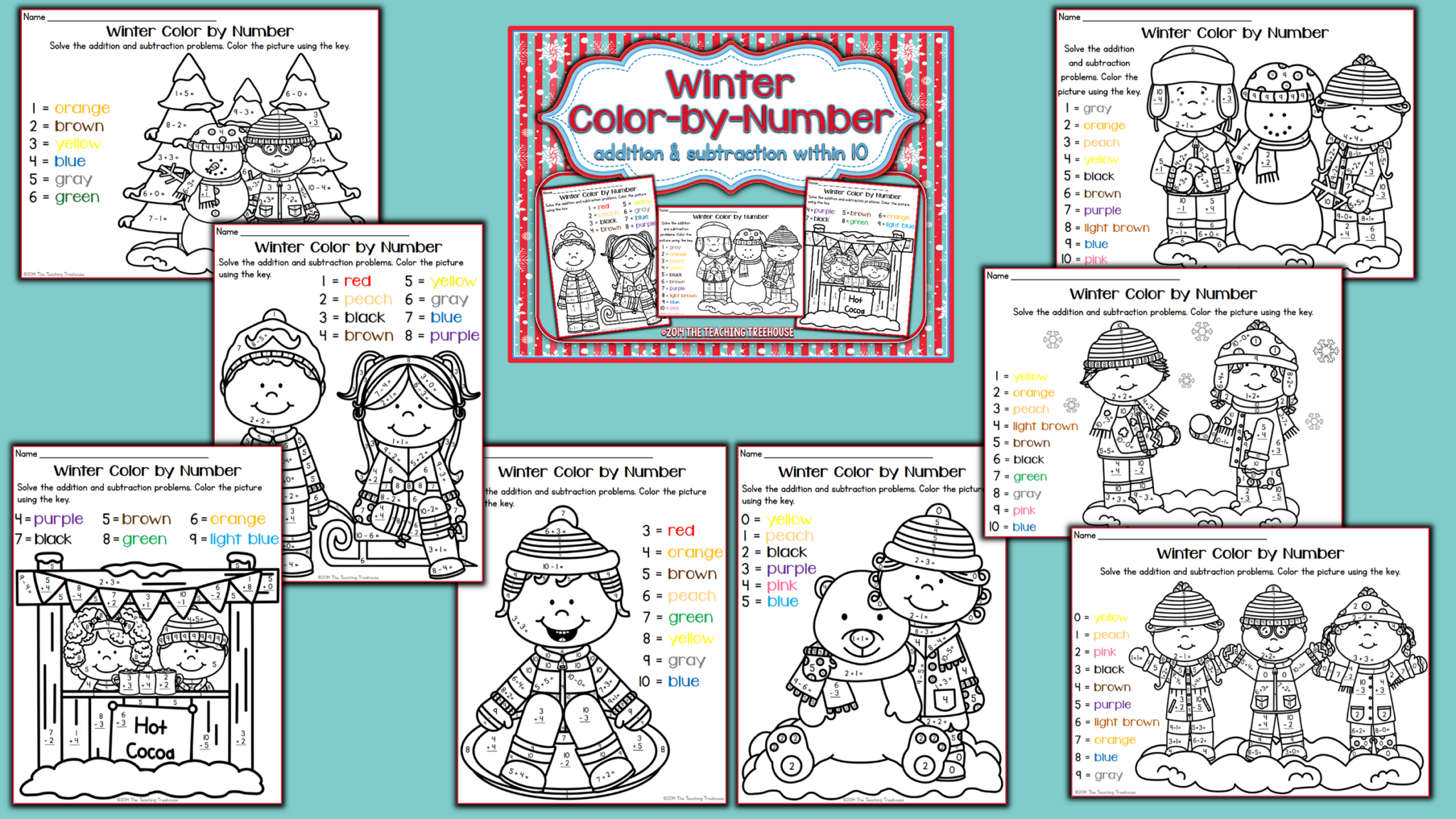 Winter Color by Number, Addition & Subtraction Within 10 - Made By Teachers