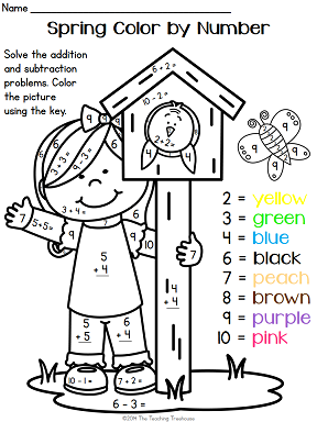Spring Color by Number, Addition & Subtraction Within 10 | Made By Teachers