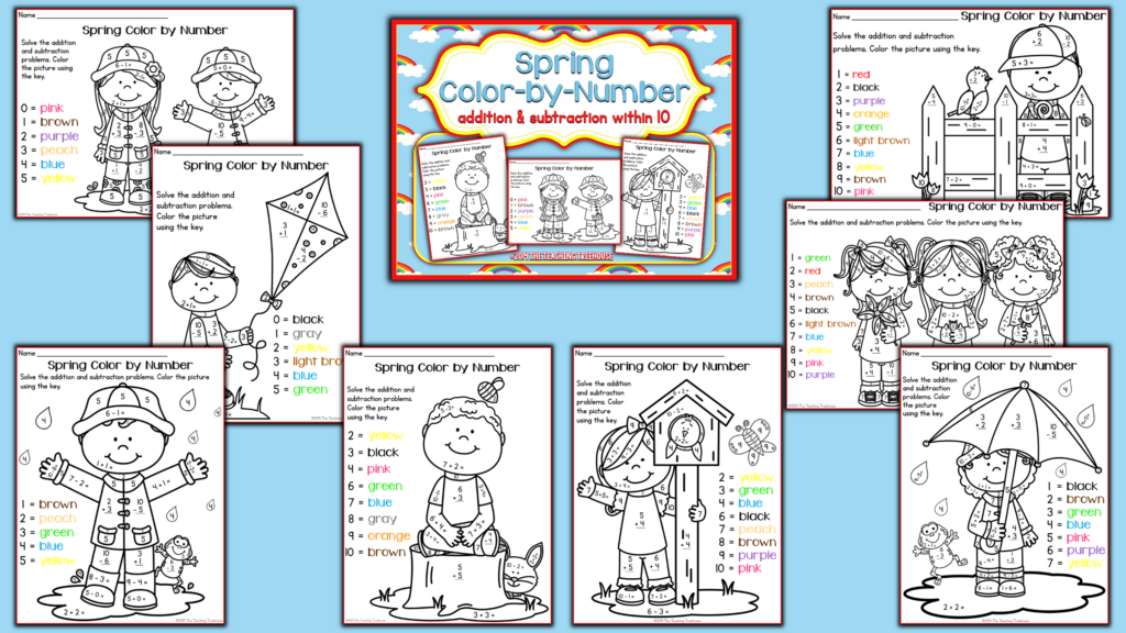 Spring Color by Number, Addition & Subtraction Within 10 - Made By Teachers