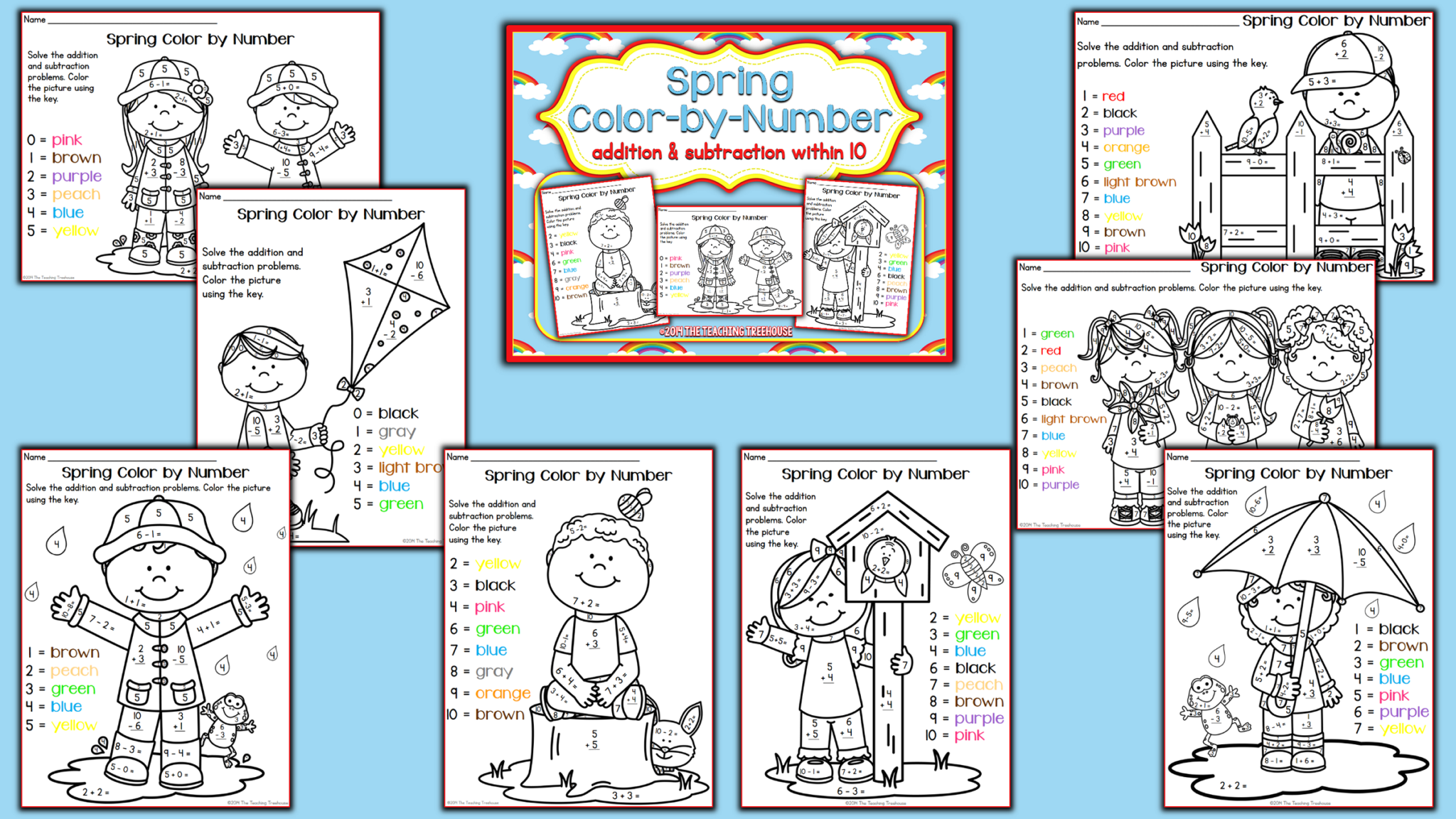 Spring Color by Number, Addition & Subtraction Within 10 | Made By Teachers