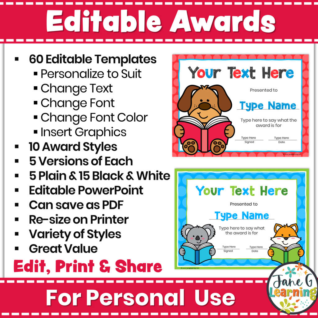 Editable Reading Awards | Reading Certificates | Animal Awards 2 | Made ...