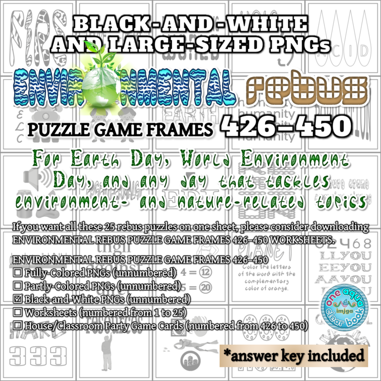 Black-and-White Rebus Puzzle Game Frames 101–125 PNGs | Made By Teachers