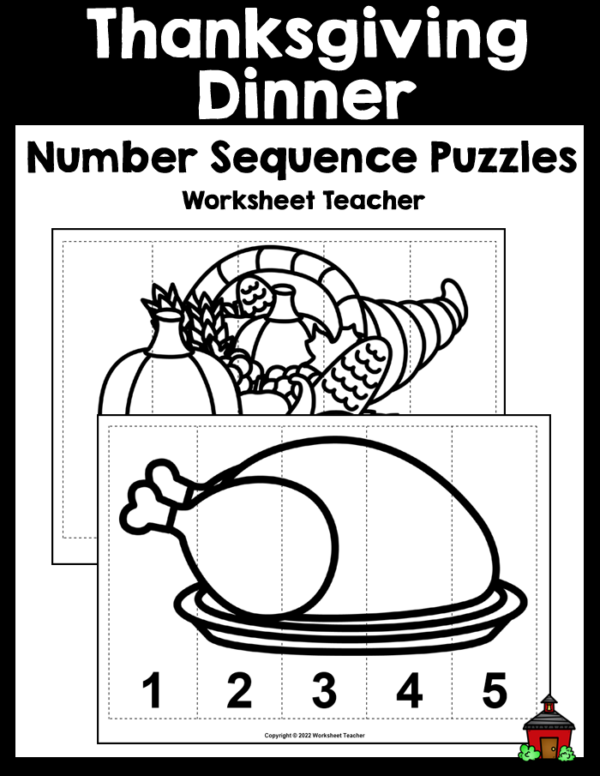 5 Thanksgiving Dinner Number Sequence B&W Picture Puzzles - Made By ...