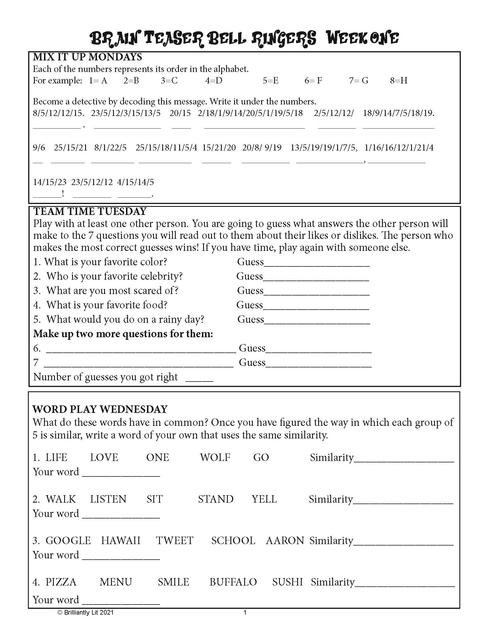 BELLRINGERS BRAIN TEASER ELA JOURNAL: 12 WEEKS OF MYSTERIES & PUZZLES ...