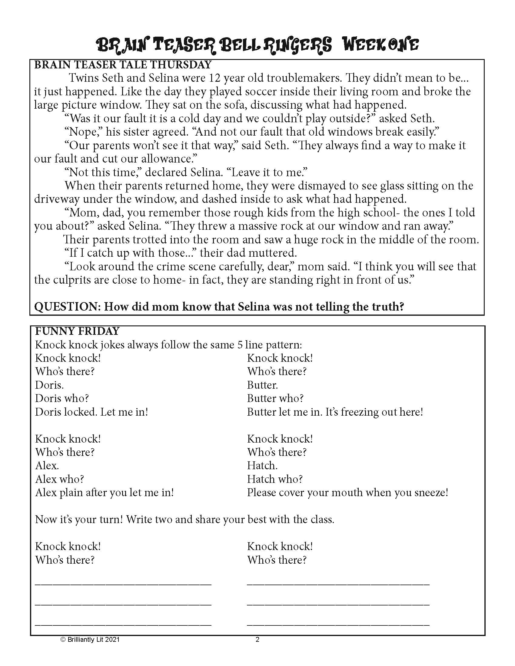 BELLRINGERS BRAIN TEASER ELA JOURNAL: 12 WEEKS OF MYSTERIES & PUZZLES ...