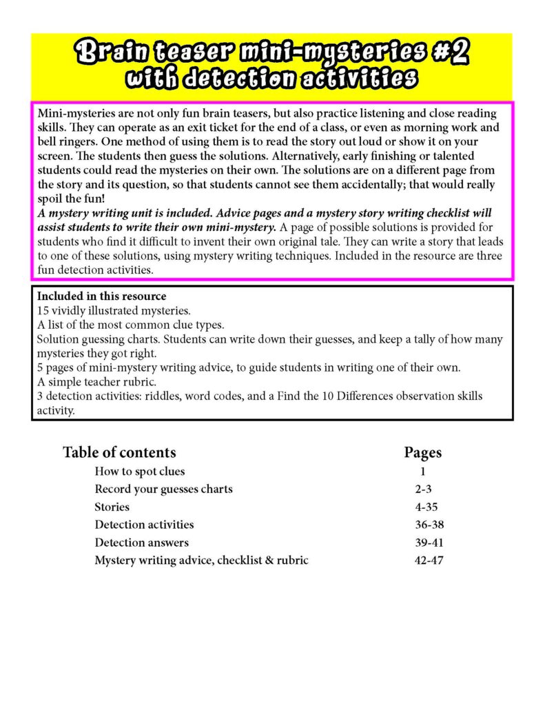 BRAIN TEASER MYSTERY STORIES GRADES 5-8#2 + Mystery writing assignment ...