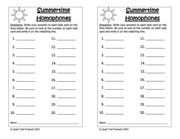 Summertime Homophone Task Cards | Made By Teachers