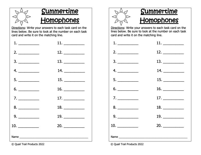 Summertime Homophone Task Cards - Made By Teachers
