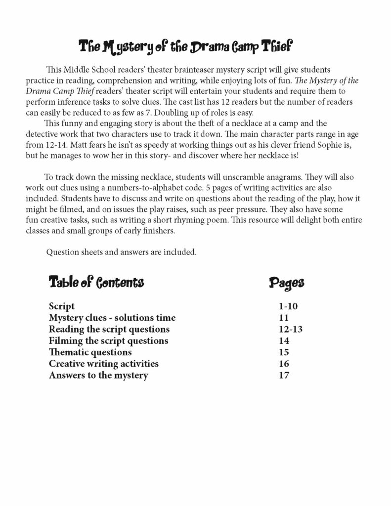 READERS THEATER MYSTERY MIDDLE SCHOOL SCRIPT: Drama Camp Thief - Made ...