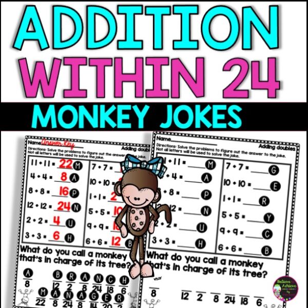 Addition Within 24 Worksheets | Monkey Jokes | Made By Teachers