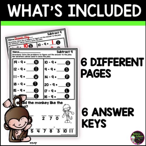 Subtraction Within 24 Worksheets | Monkey Jokes - Made By Teachers