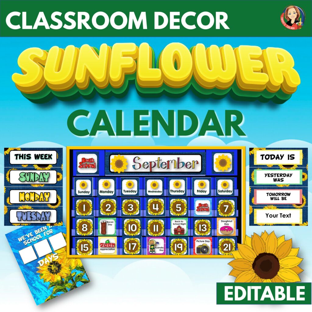 Sunflower Classroom Calendar Decor Set Editable - Made By Teachers