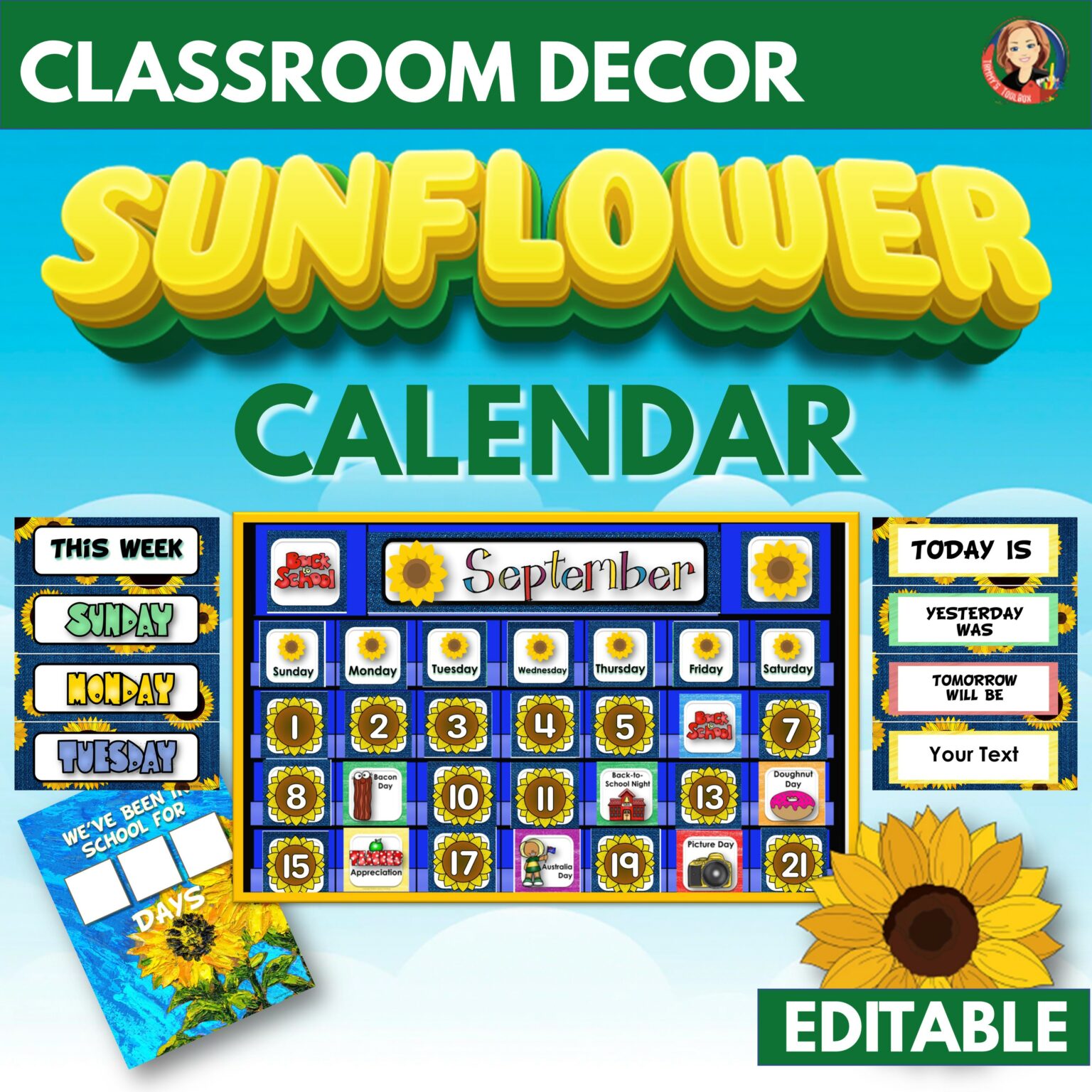 Sunflower Classroom Calendar Decor Set Editable - Made By Teachers