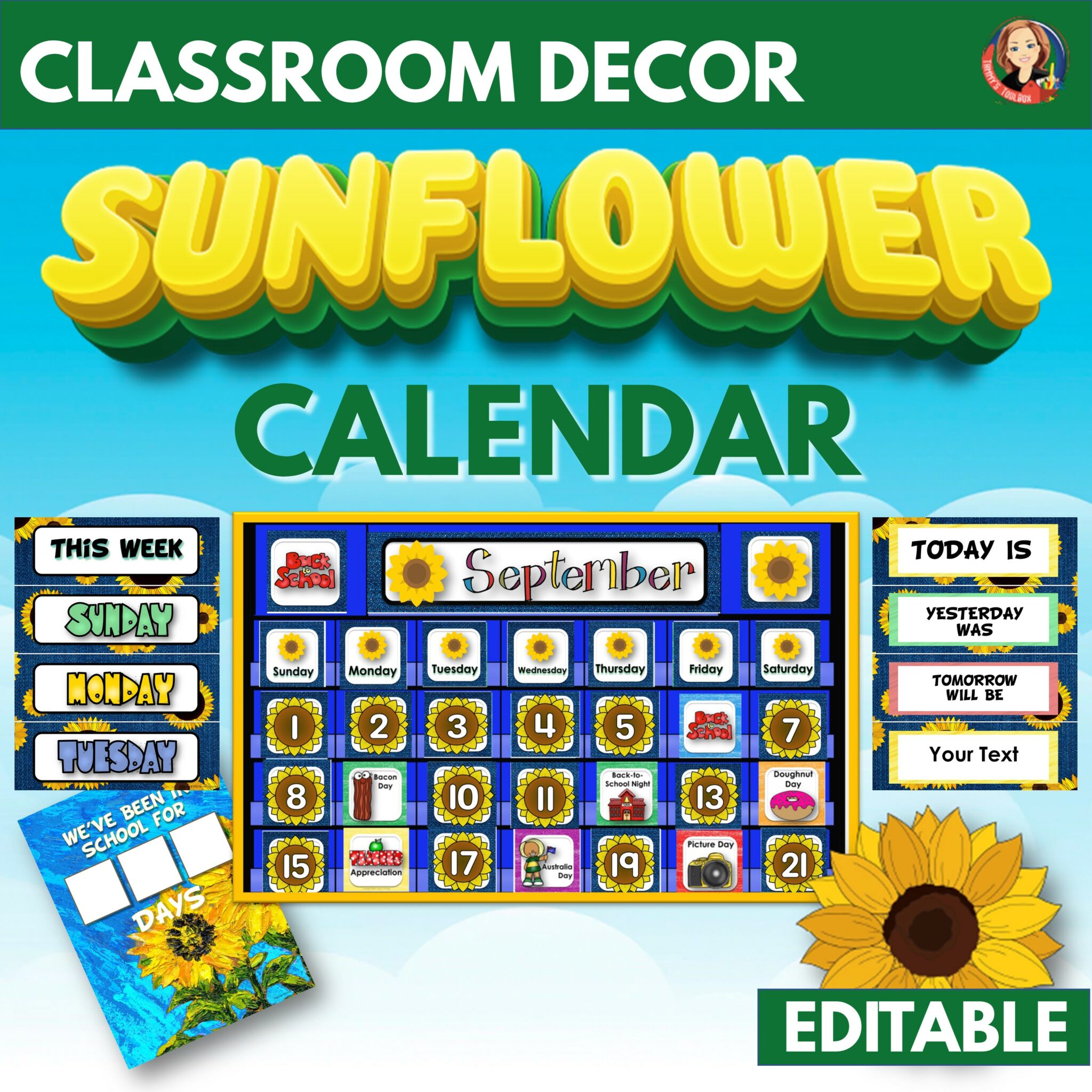 Sunflower Classroom Calendar Decor Set Editable - Made By Teachers