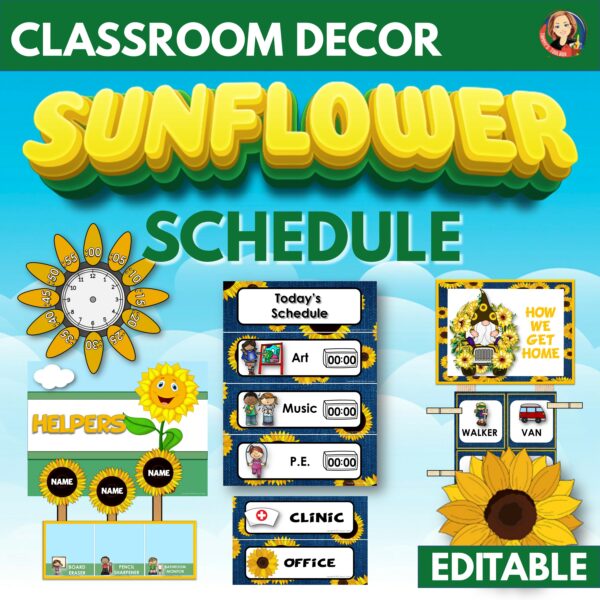Sunflower Classroom Schedule and Management Set Editable Decor | Made ...