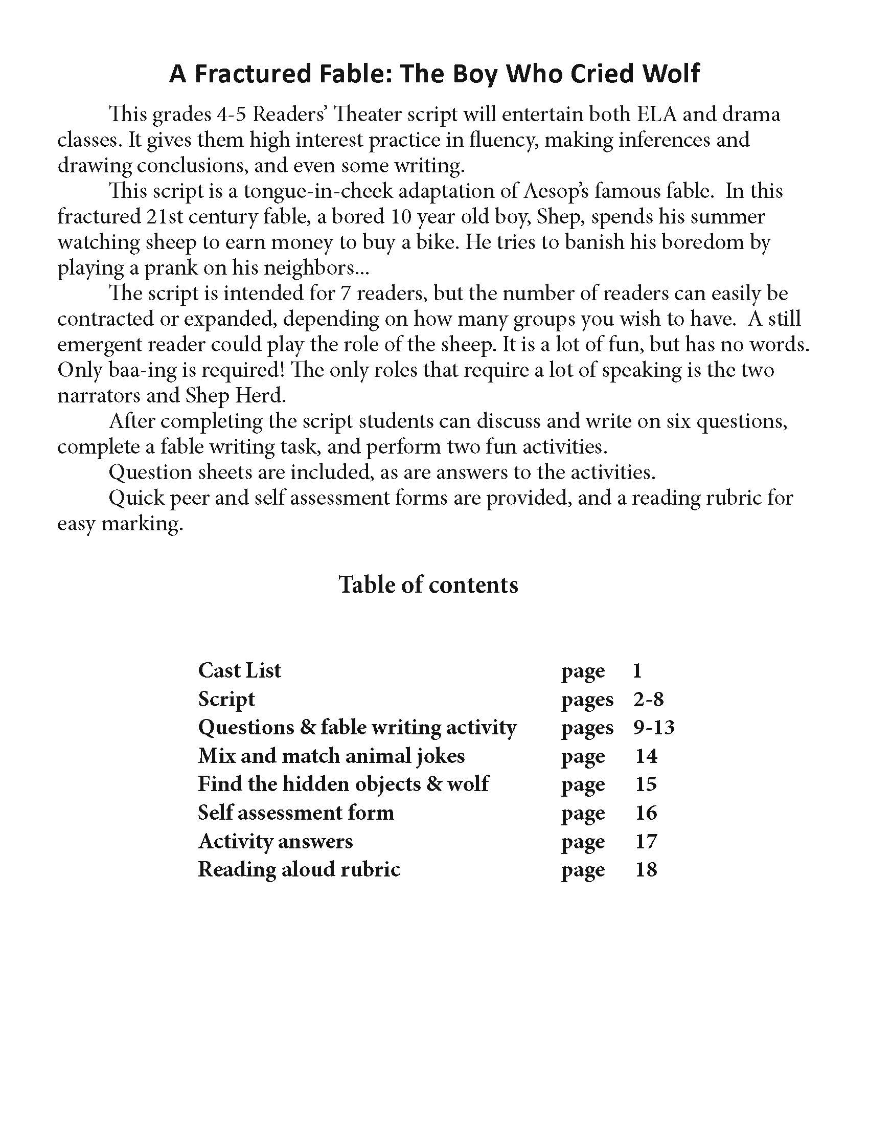 Readers' Theater Aesop's Fable Fun: The Boy Who Cried Wolf GRADES 3-4 ...