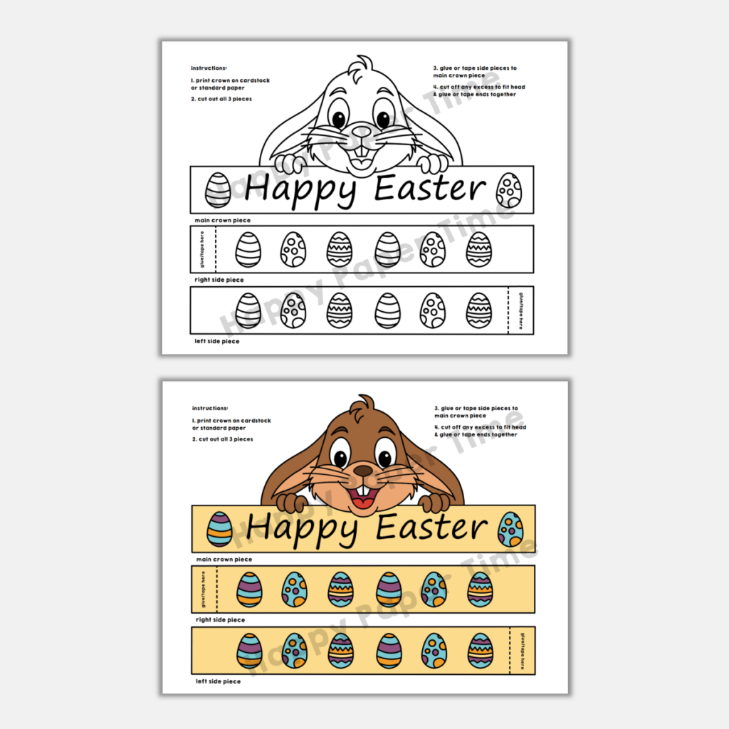Easter Bunny Paper Crowns Headband Printable Coloring Craft Activity ...