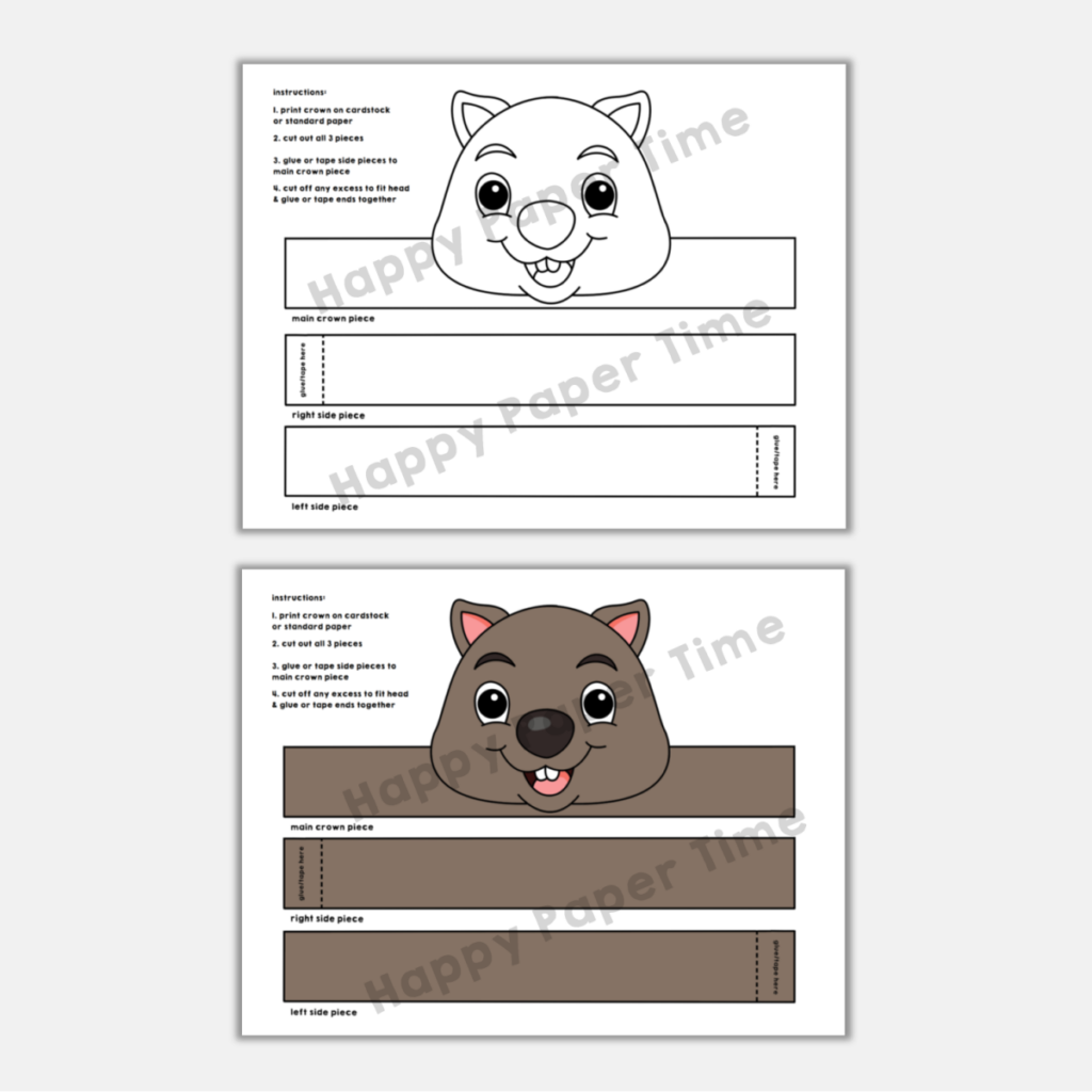 Wombat Paper Crowns Australian Animal Headband Printable Coloring Craft ...
