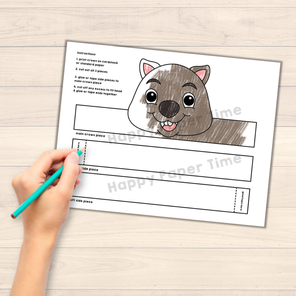 Wombat Paper Crowns Australian Animal Headband Printable Coloring Craft ...