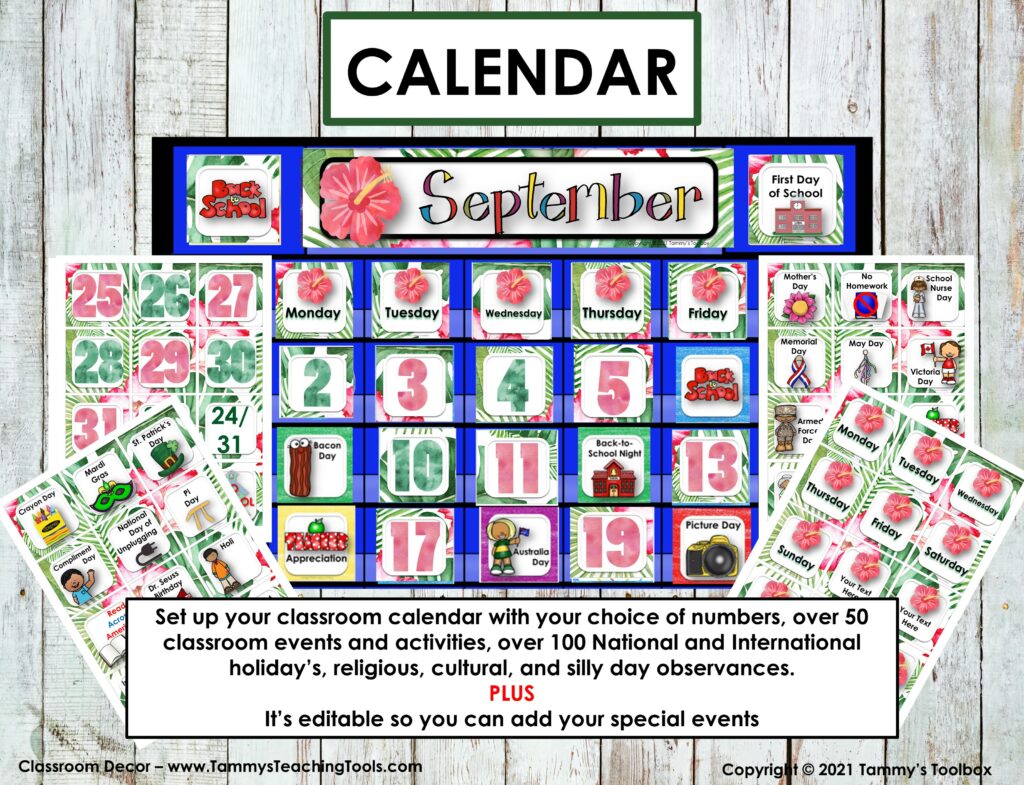 Editable Classroom Calendar Set in Tropical Theme | Made By Teachers