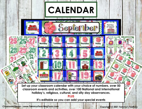 Editable Classroom Calendar Set in Tropical Theme | Made By Teachers