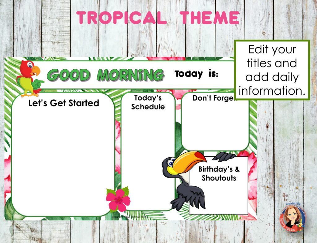 Digital Morning Meeting Slides and Work Assignment Slides in Tropical ...