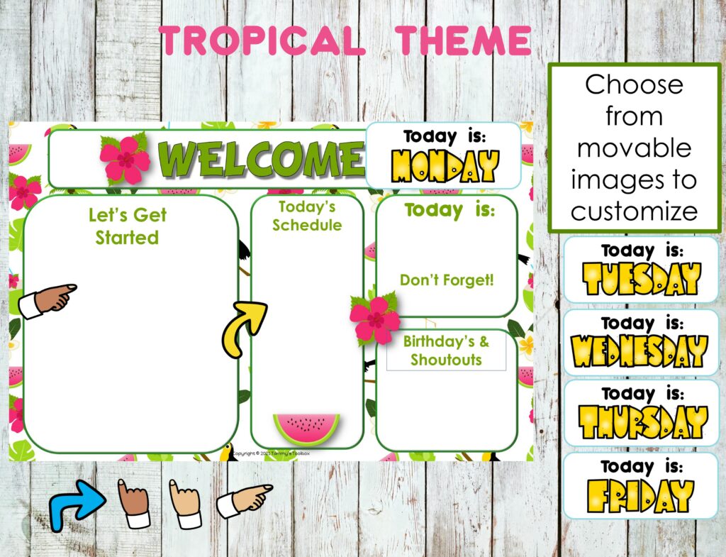 Digital Morning Meeting Slides and Work Assignment Slides in Tropical ...