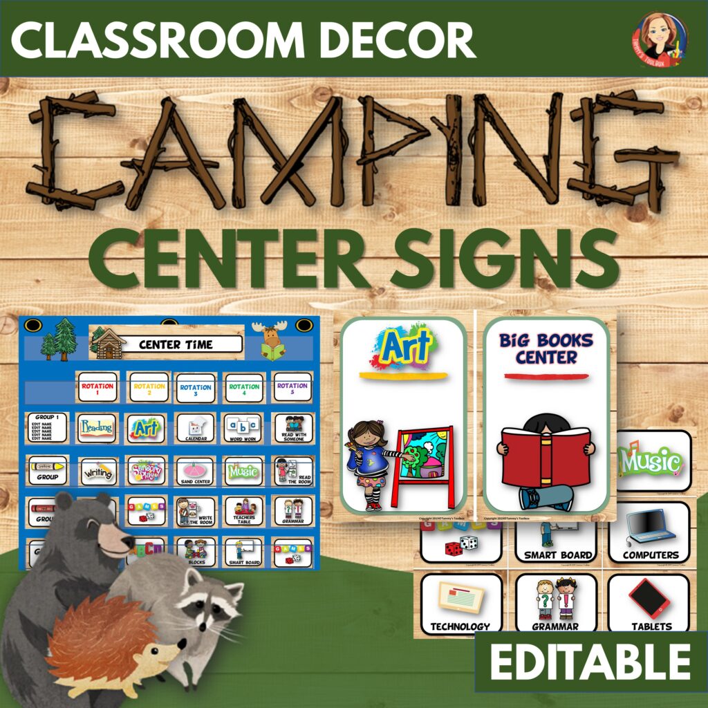 Classroom Center Labels in Camping Decor Theme | Made By Teachers