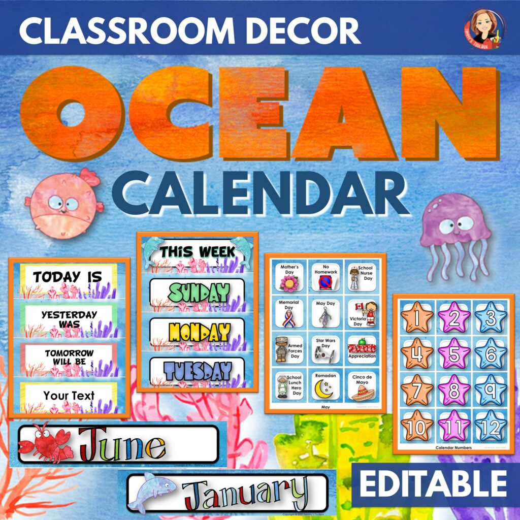 Classroom Calendar in Under the Sea Ocean Theme - Made By Teachers