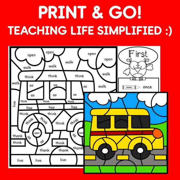 Back to School Color by Sight Words Pre-K Kindergarten First Grade ...