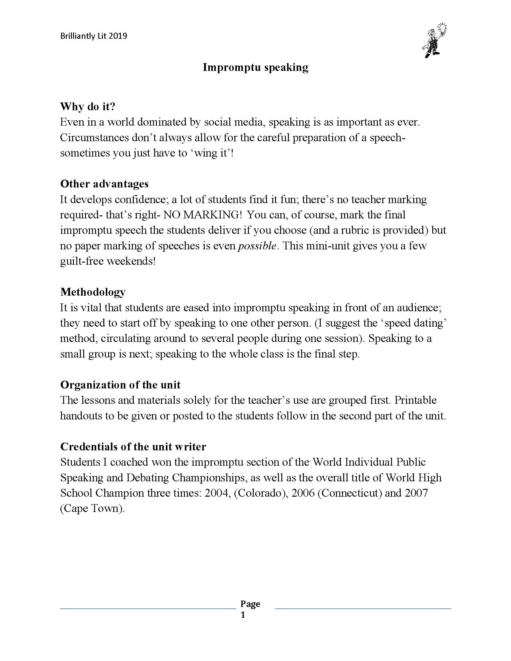 PUBLIC SPEAKING UNIT: Impromptu Speaking - Made By Teachers